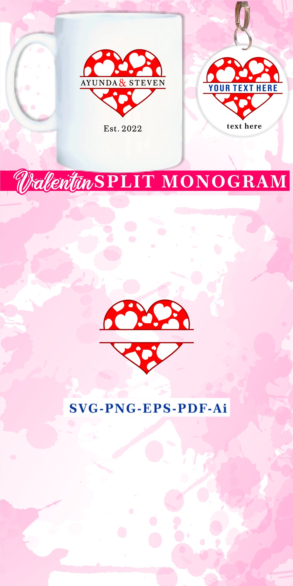 Heart Monogram Svg, Valentine sublimation, Mug, Keychain