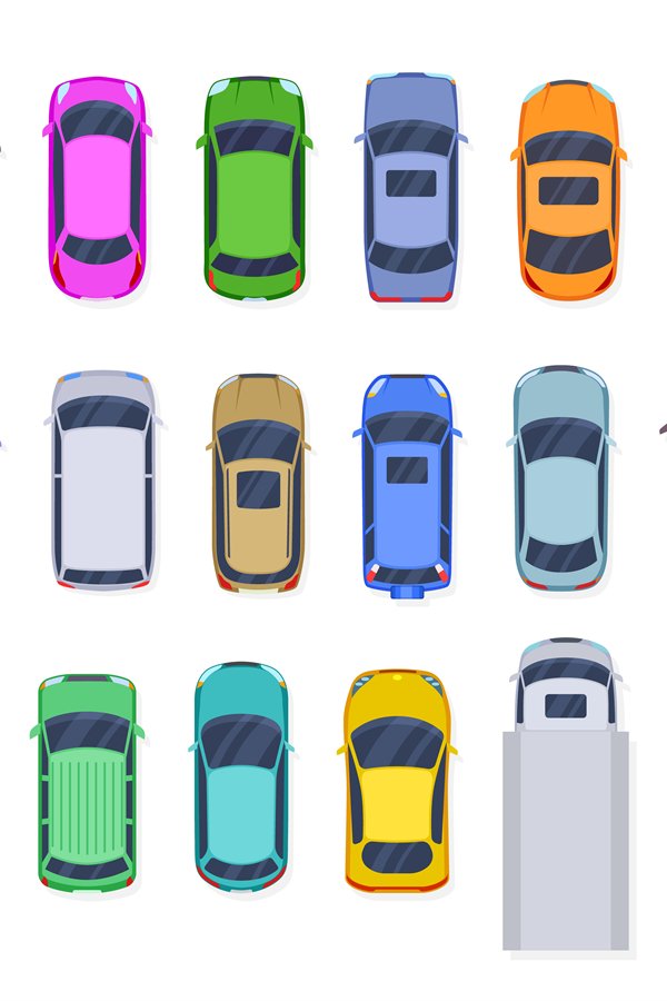 Top view cars. Flat creative car, isolated truck and autos.
