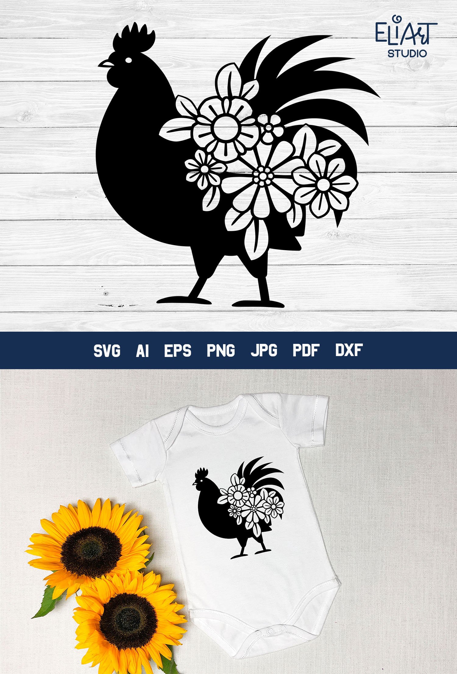 Rooster SVG Silhouette | Floral Rooster PNG Design
