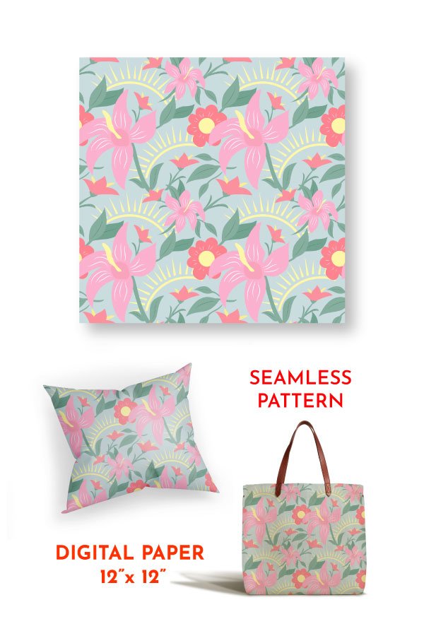 Digital paper flowers and sun, seamless pattern