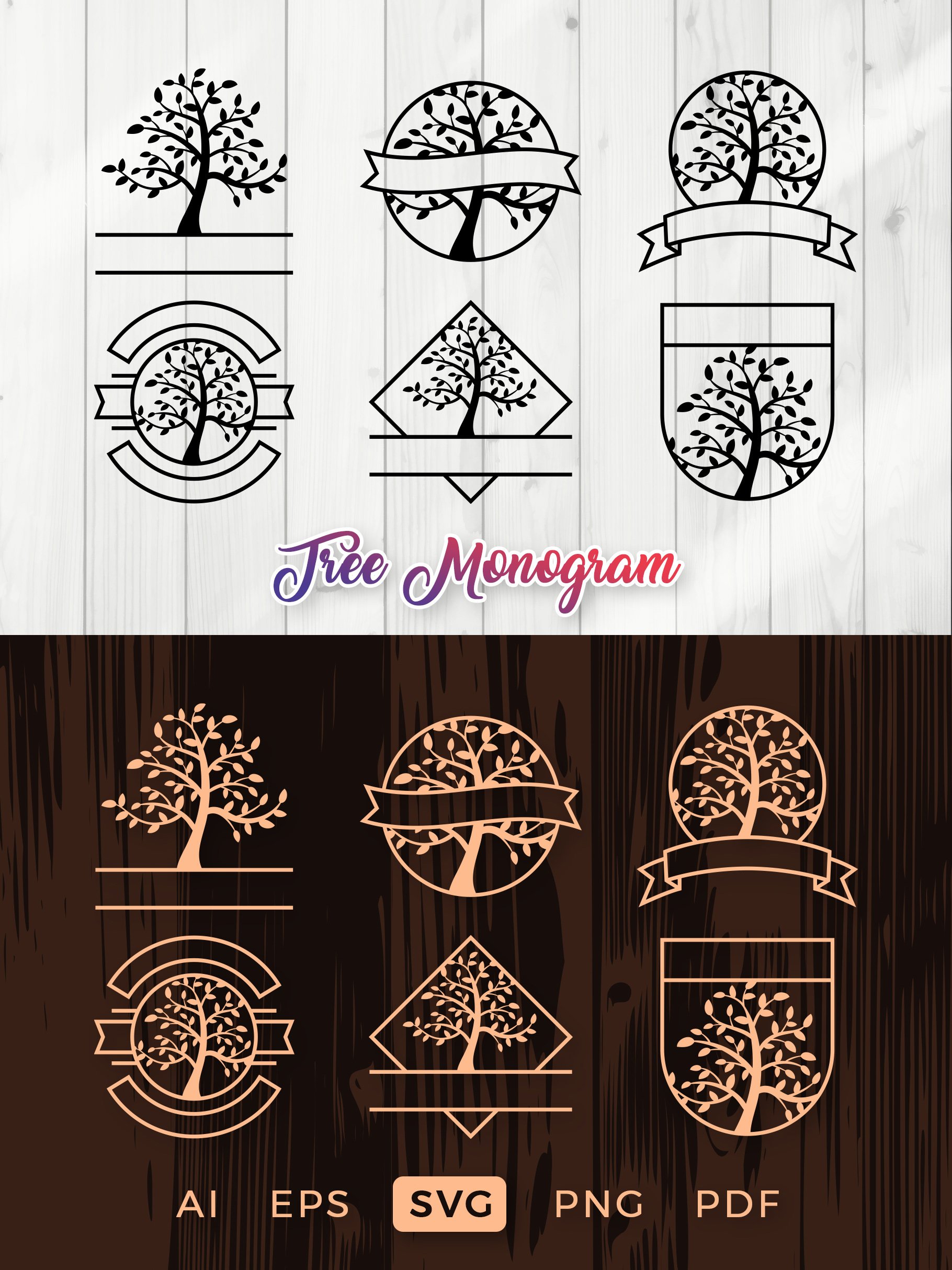 Tree Monogram SVG Clipart Set (1129513) | Cut Files | Design Bundles