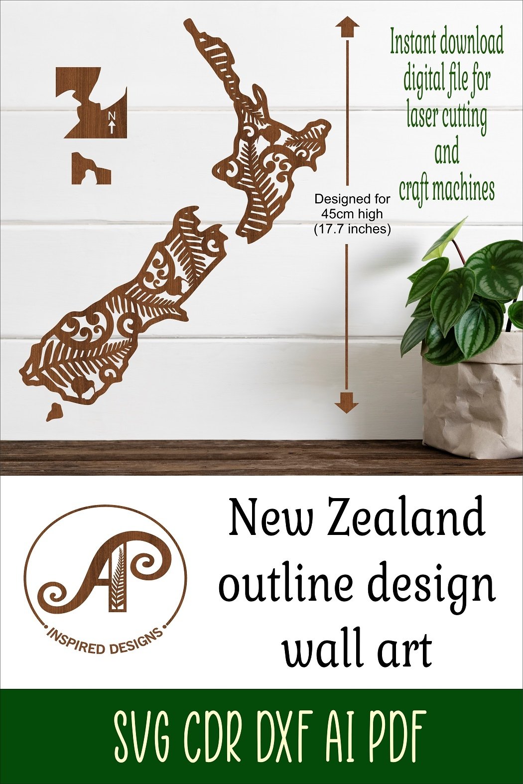 45cm New Zealand wall art with designs outline SVG laser