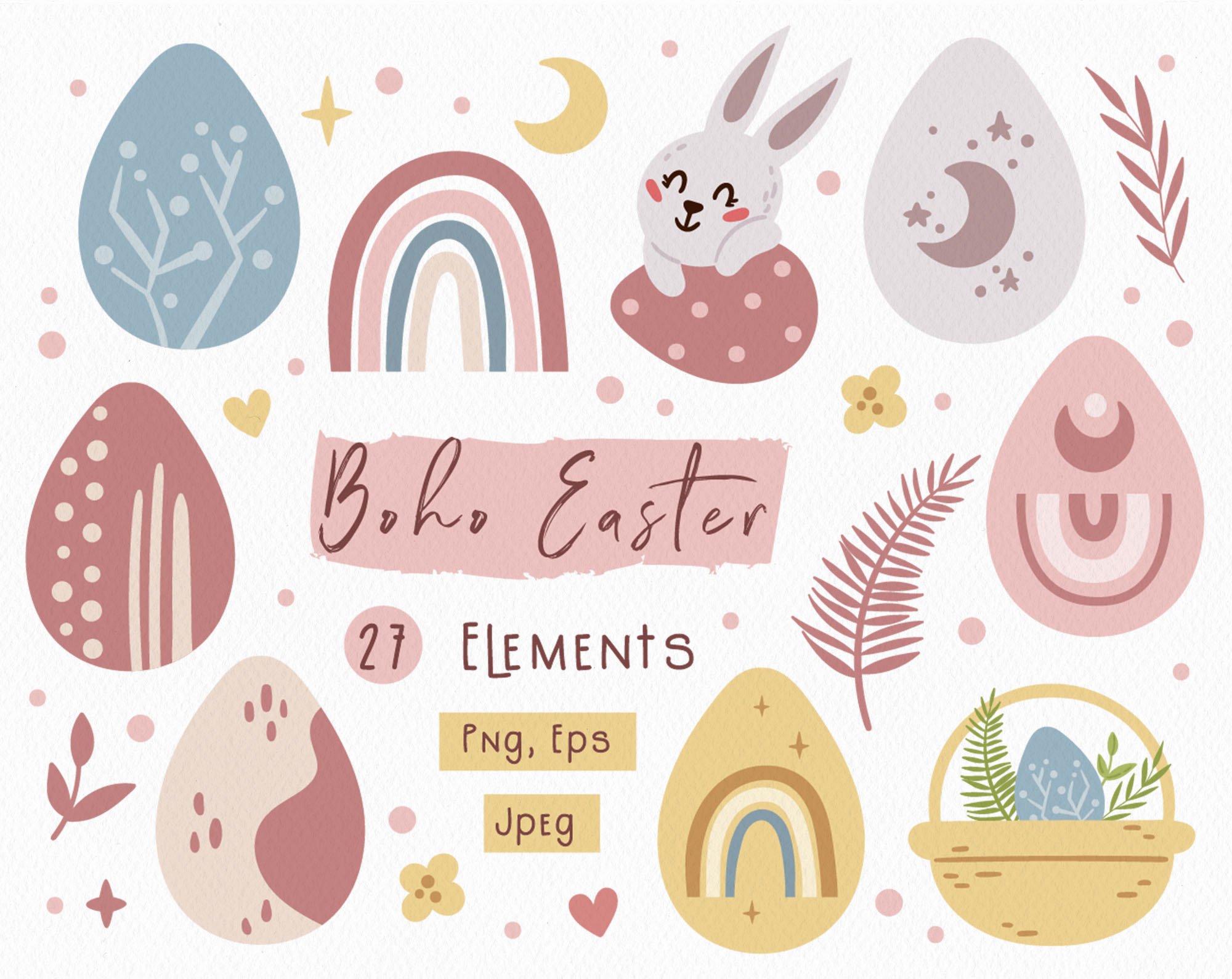 Boho Easter Eggs PNG, Easter kids clipart set