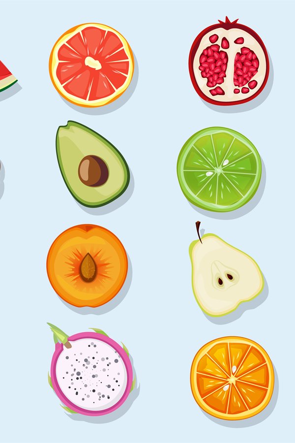 Half fruits circle icons. Cute cartoon healthy vegan natural