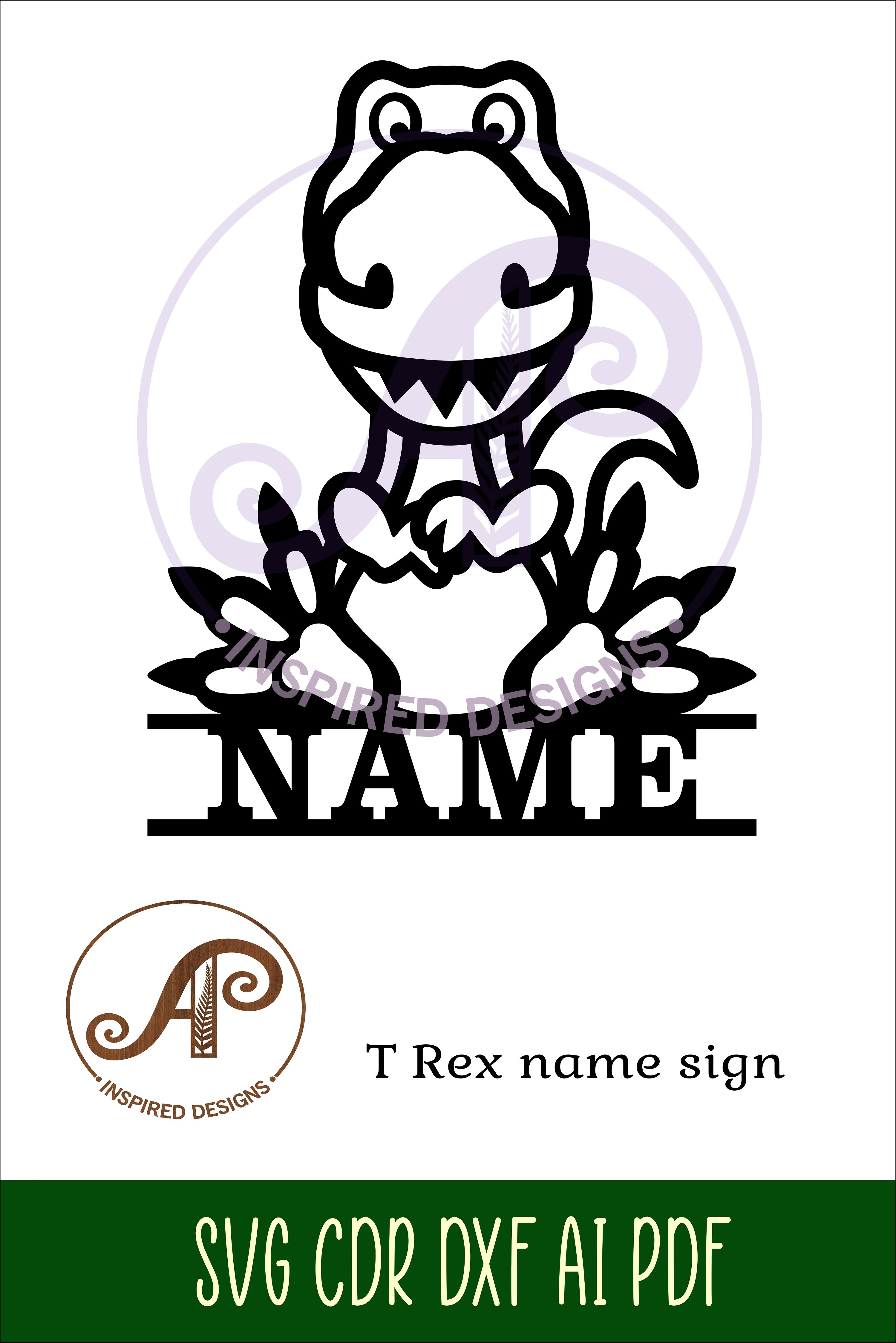 Sitting T Rex theme Name sign svg laser cut template