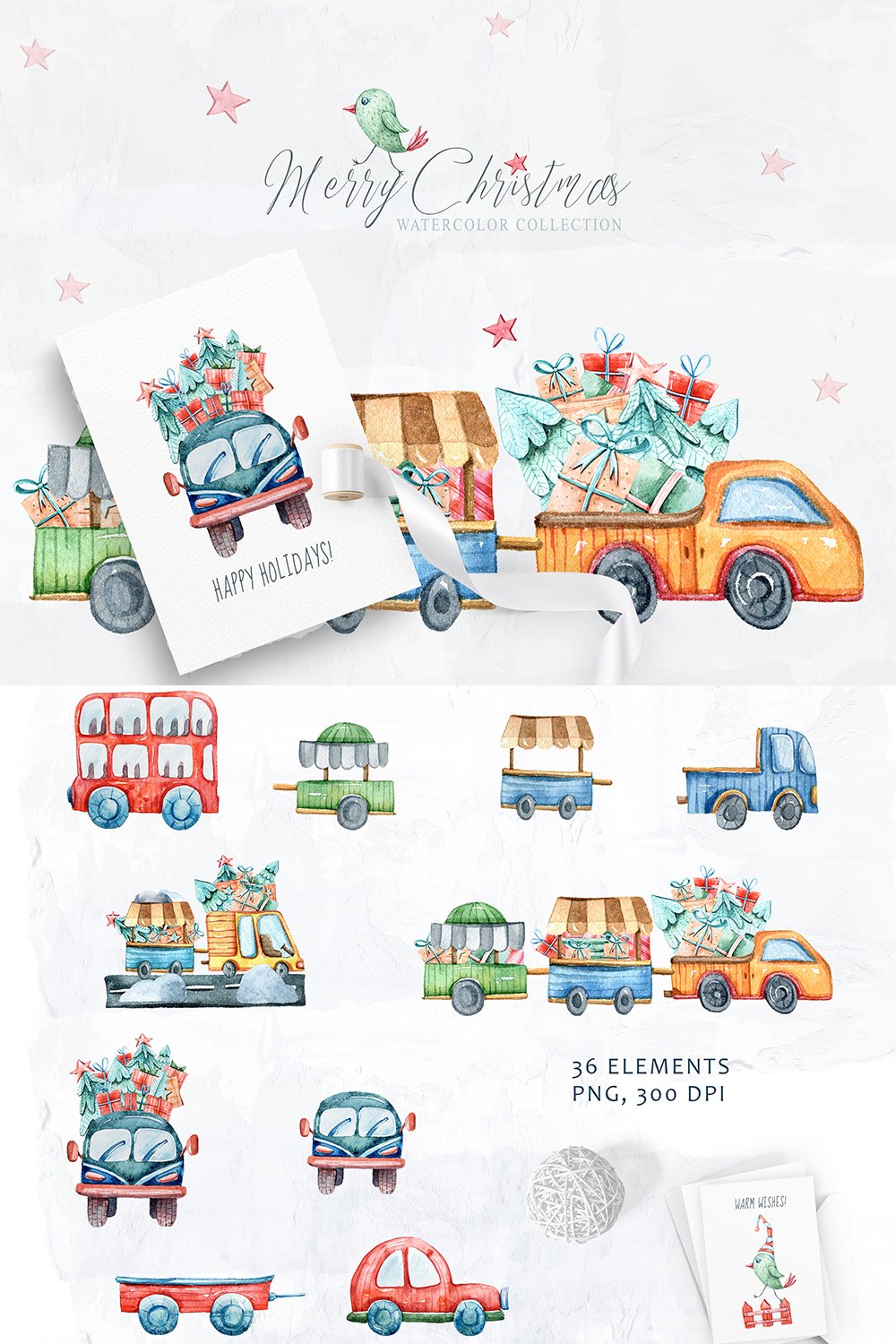 Christmas watercolor truck and trees clipart