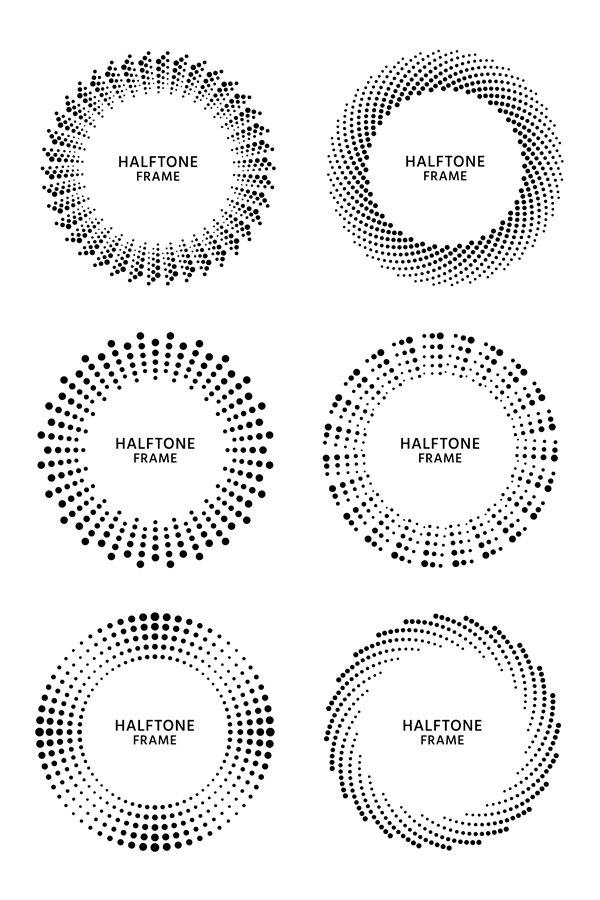 Halftone circle frame. Retro round frame with halftones dots