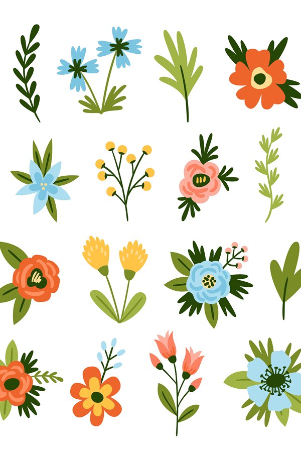 Cartoon flowers. Spring blooming plants, cute floral element