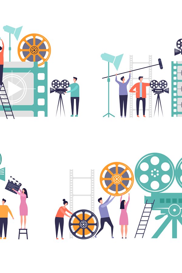 Movie production concept. Flat characters making films video