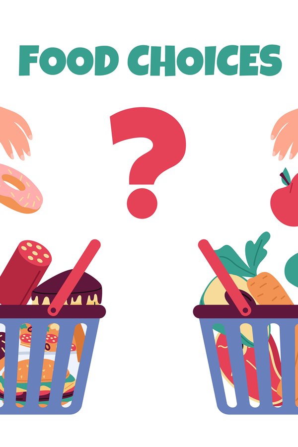 Food choice. Healthy meal vs fast food, good nutrition, buyi