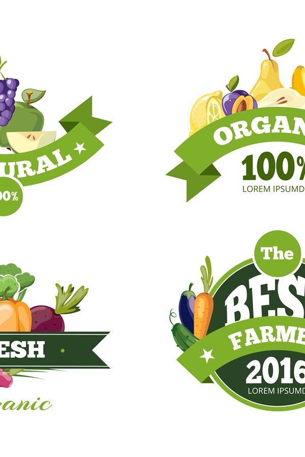 Organic farming products vector labels, emblems, badges, log