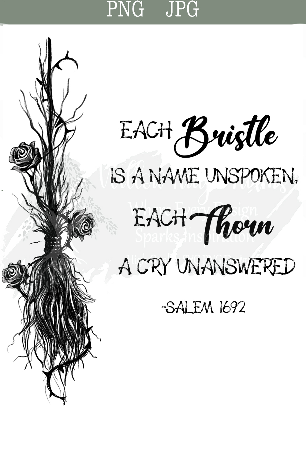 Gothic Witch Broom Hand drawn with thorns and roses