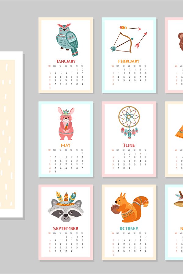 Cute animal calendar 2021. Kid animals, forest tribal wildli