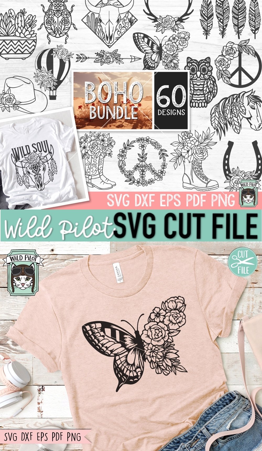 Boho Bundle SVG Files, Desert, Cactus SVG, Floral Cow Skull