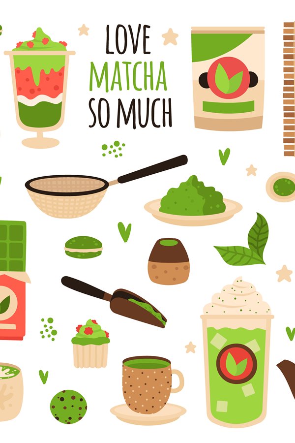 Matcha tea. Matcha powder, tea pot, sweets and matcha pastry