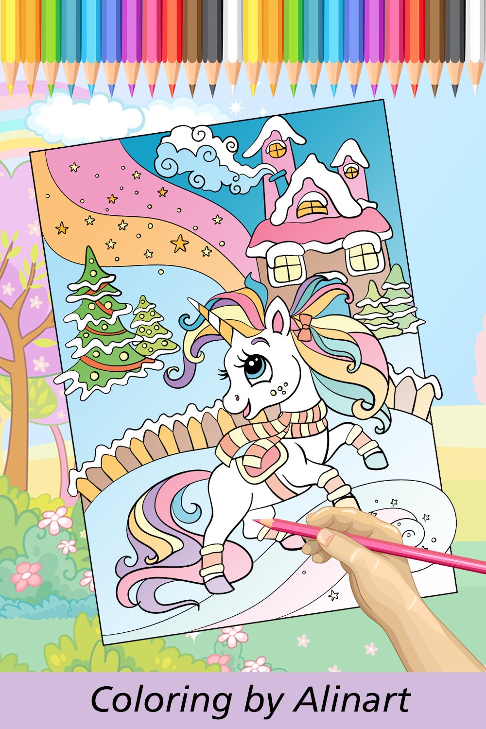 Magic Winter Unicorn coloring for kids