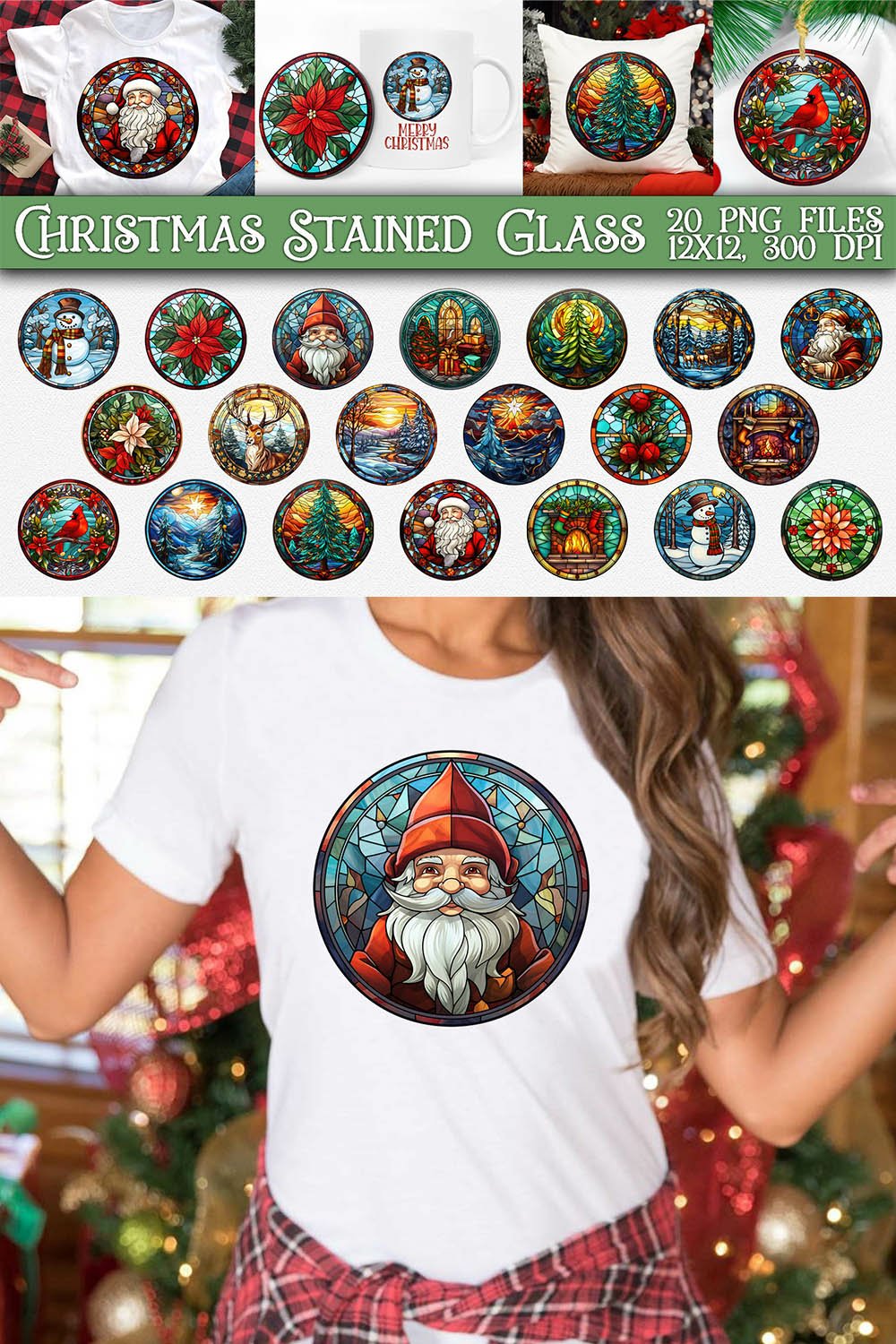 Christmas Stained Glass Sublimation Design - Coaster PNG