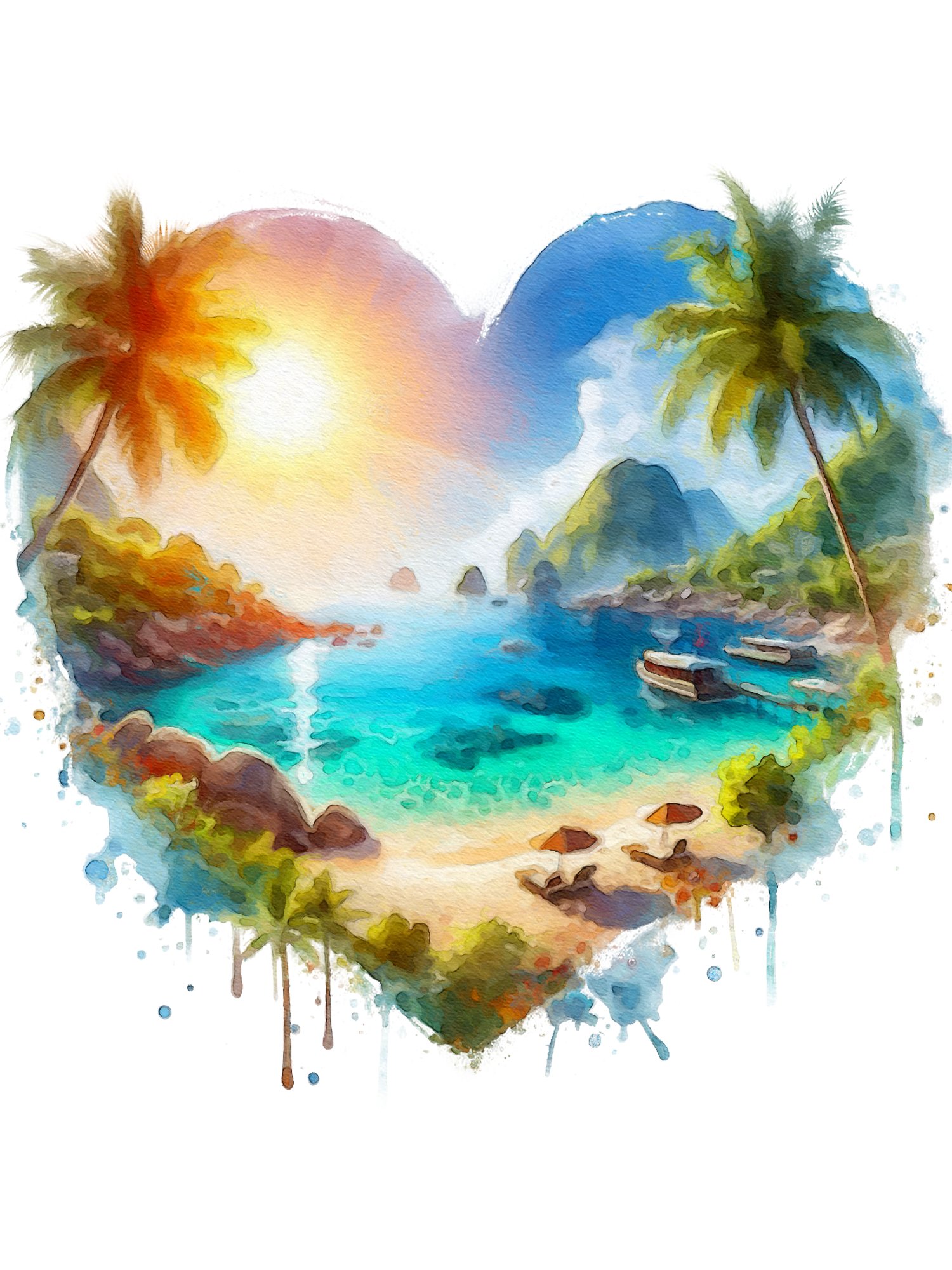 Summer beach watercolor with palm trees and tropical flowers