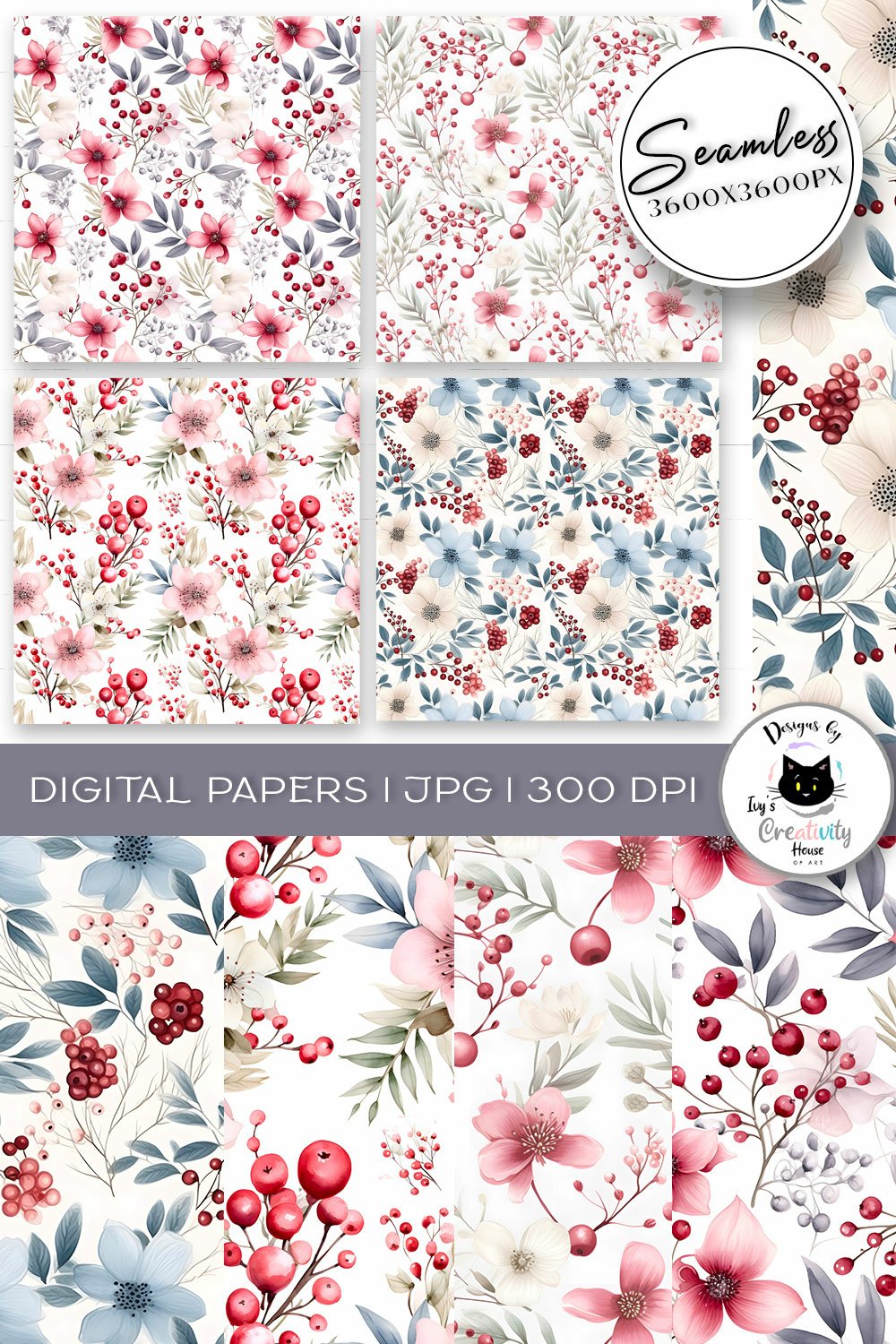 Watercolor Christmas Digital Paper | Seamless Floral Pattern