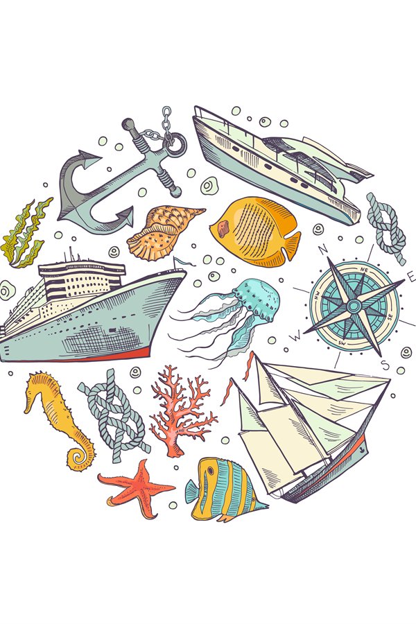 Vector sketched sea elements circle concept illustration