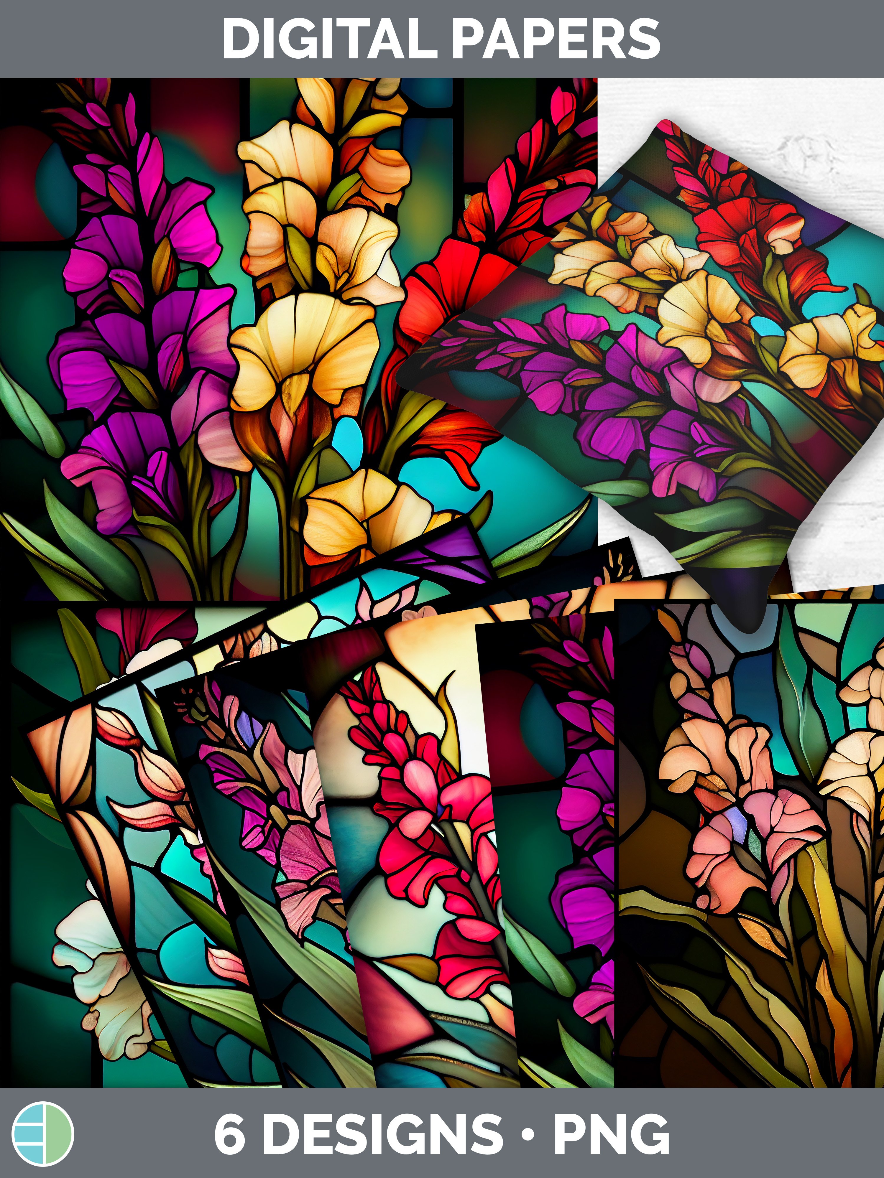 Stained Glass Gladiolus Flowers Paper Backgrounds | Digital