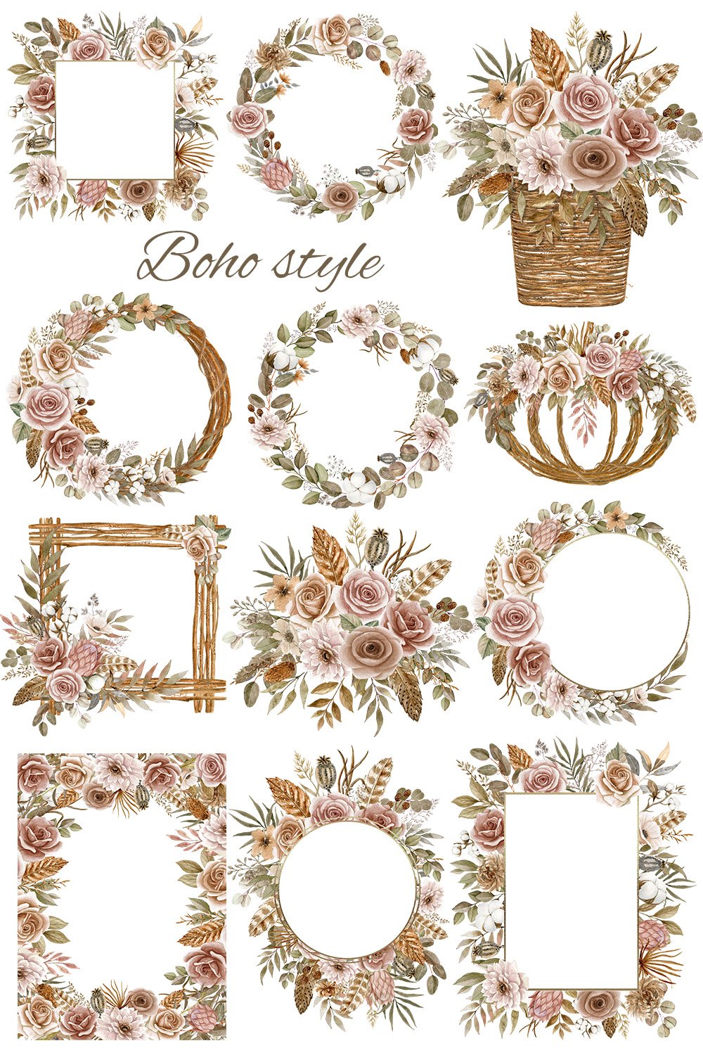 Boho style watercolor set of wreaths and frames.