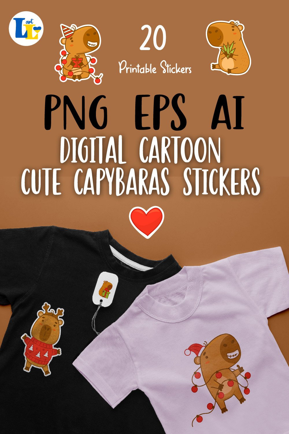 Printable digital stickers|Cute animals capybaras characters