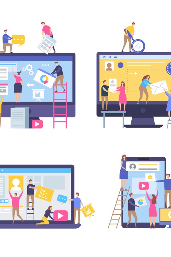 Characters making web pages. Peoples decorated websites team