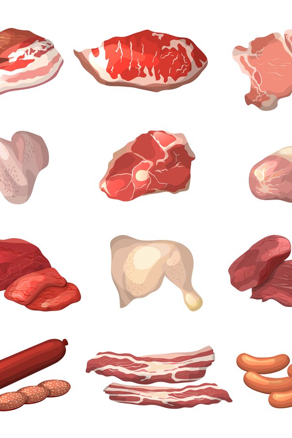 Different illustrations of meat. Marble beef, piece of lamb,