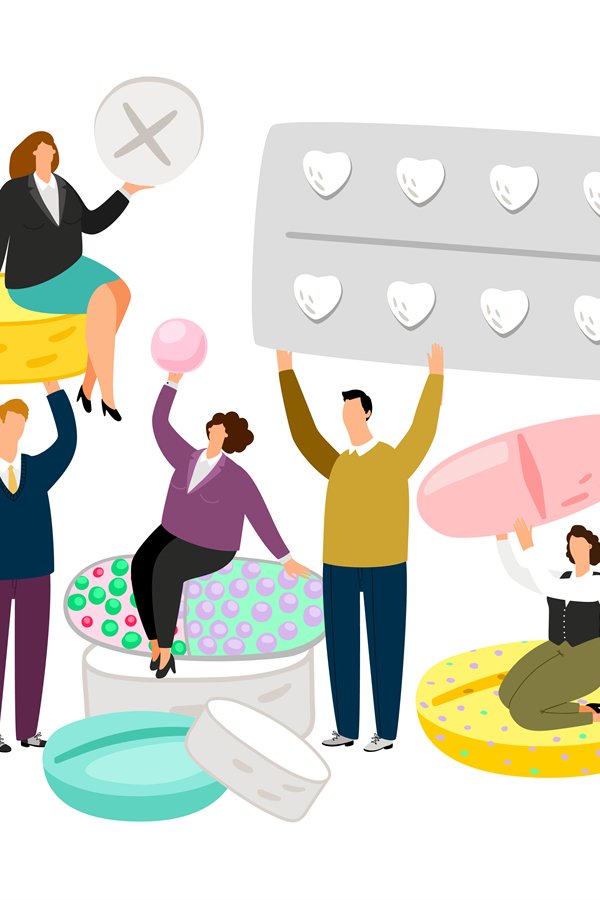 People character holding tablets and pills vector