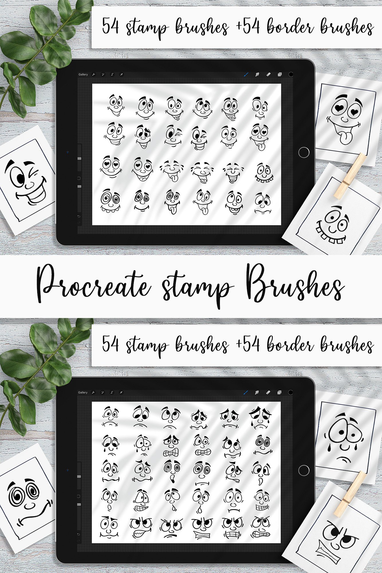 Procreate stamp brushes 54 stamp faces border brush bundle