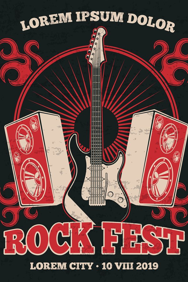 Retro rock music band vector poster with guitar