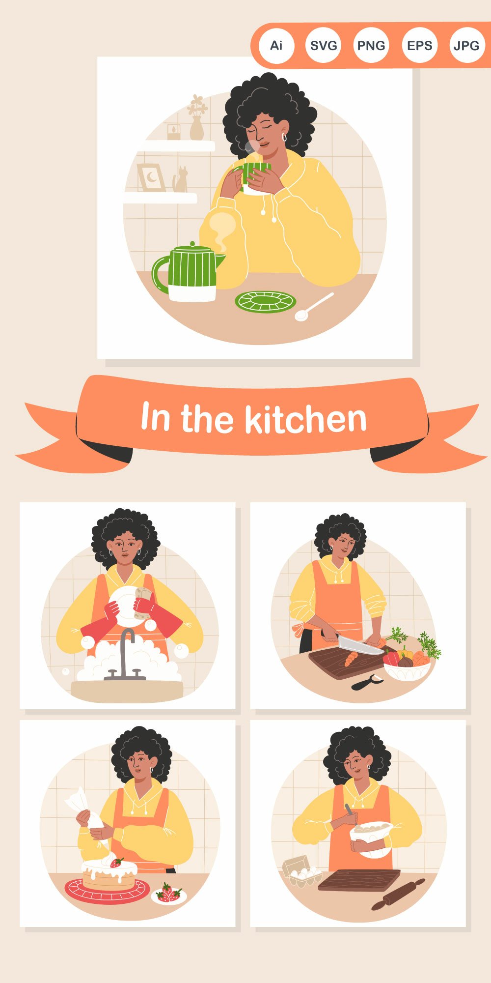 Character's daily routine in the kitchen