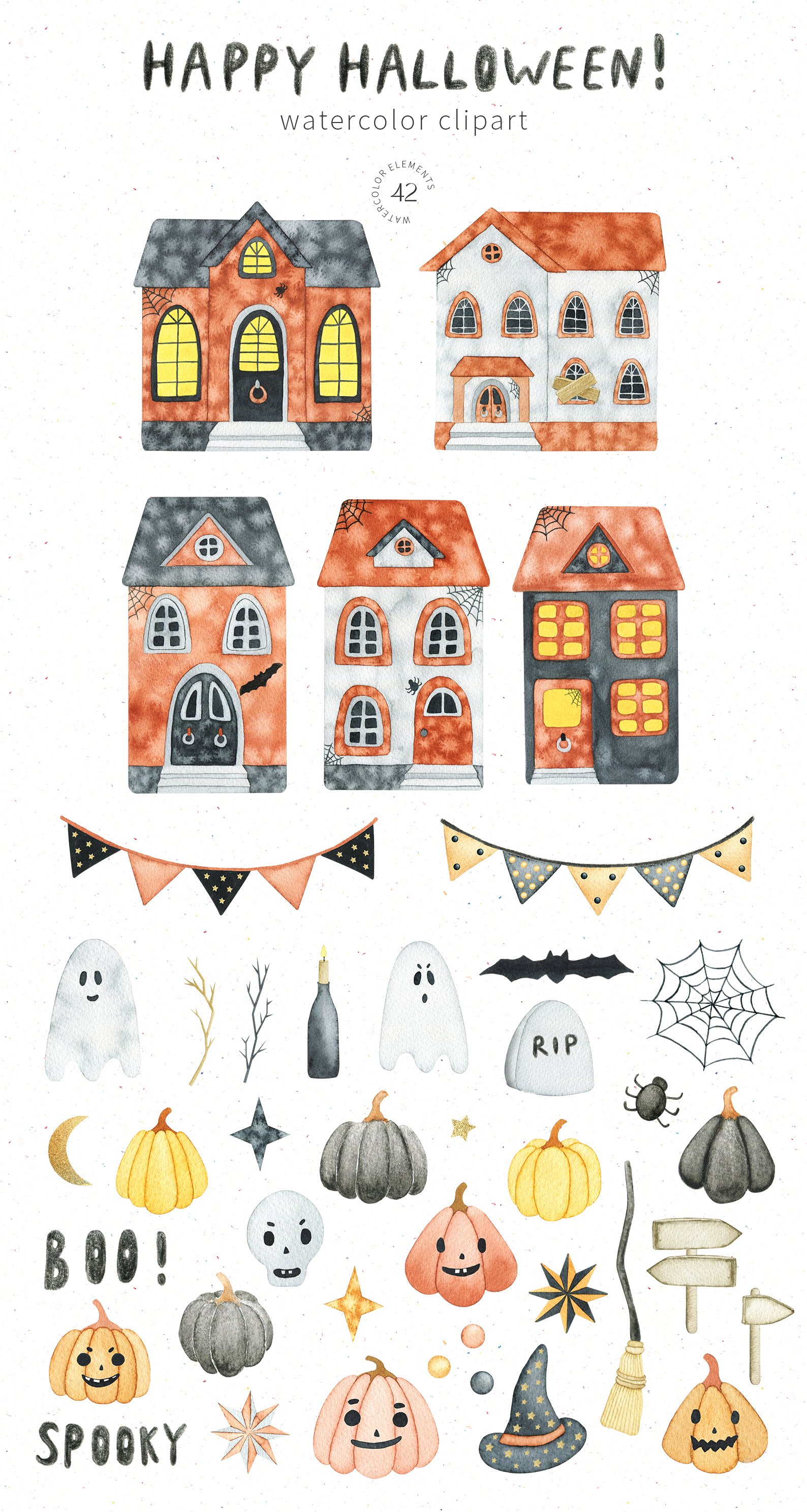 Watercolor cute Halloween clipart, haunted house clipart