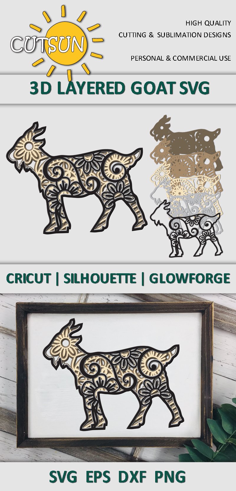 3D Layered Goat Mandala SVG - 5 layers