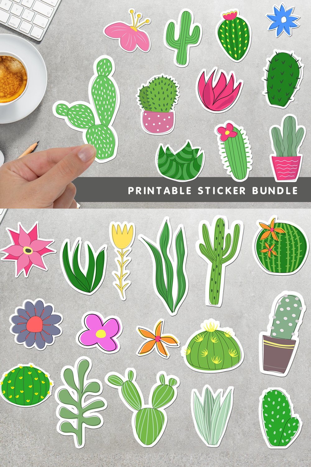 Cacti printable stickers bundle, 32 PNG files