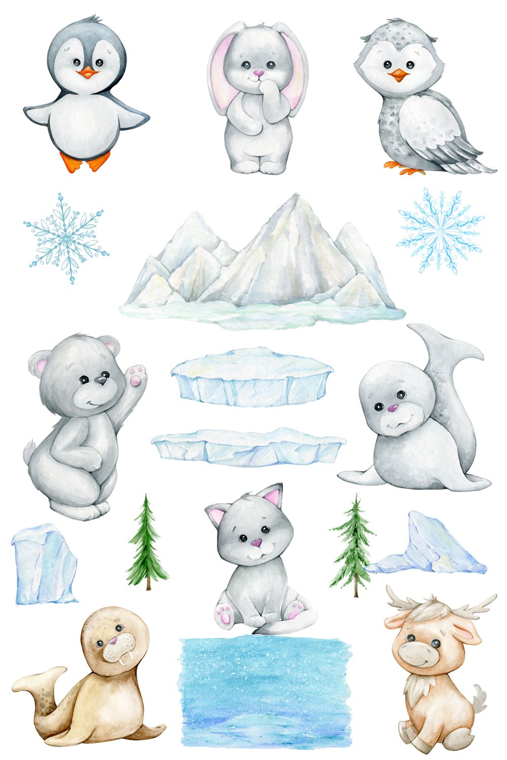 Arctic animal watercolor clipart, winter holiday graphic, ba