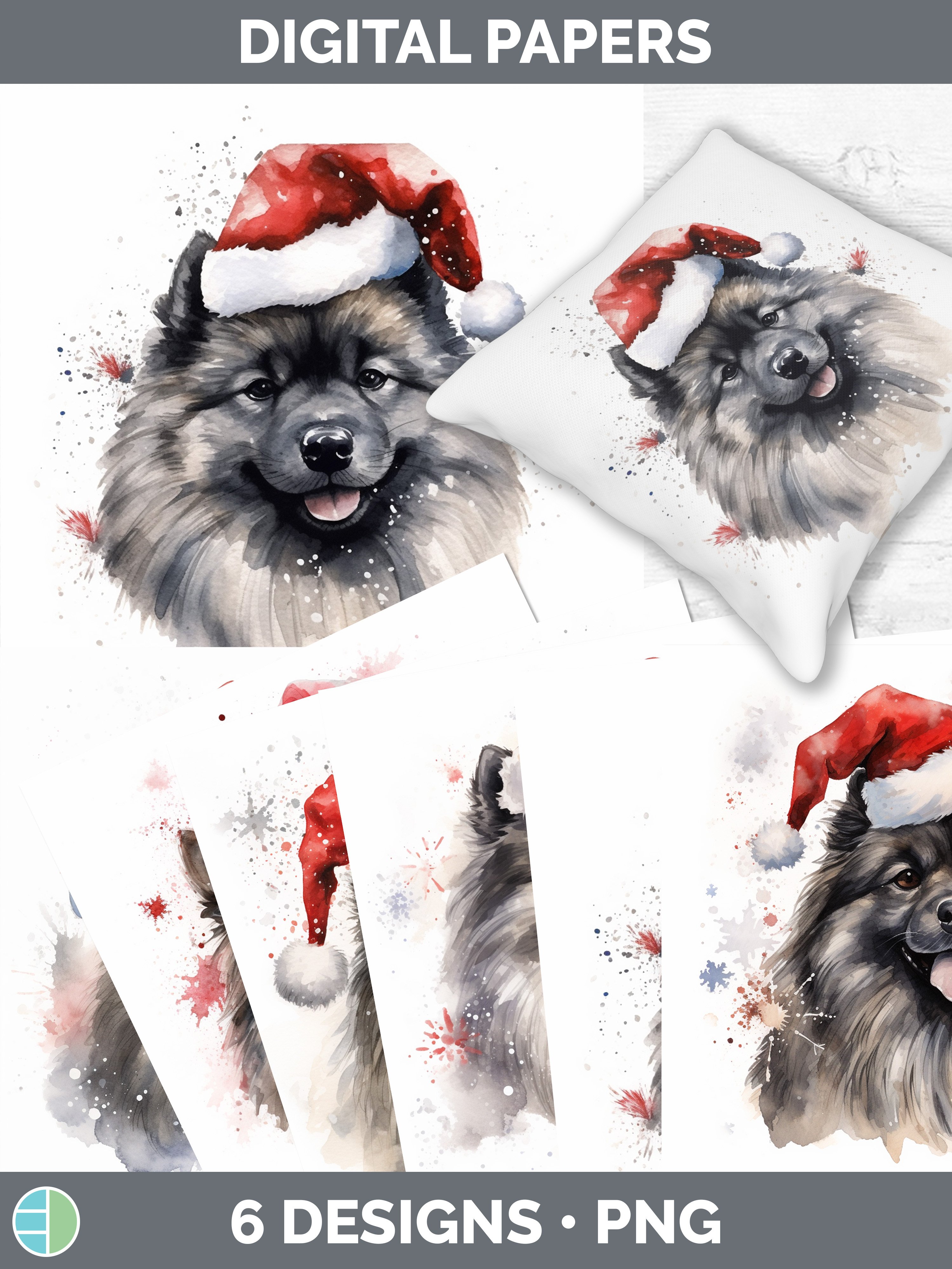 Christmas Santa Hat Keeshond Dog Paper Backgrounds | Digital