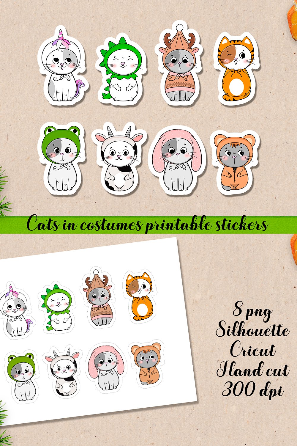 Cute Cats in animal's costumes printable stickers.