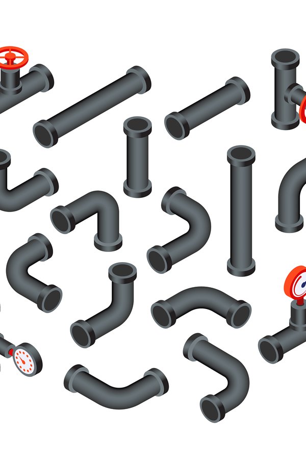 Isometric pipes. Water tubes, pipeline with valve. Oil, gas