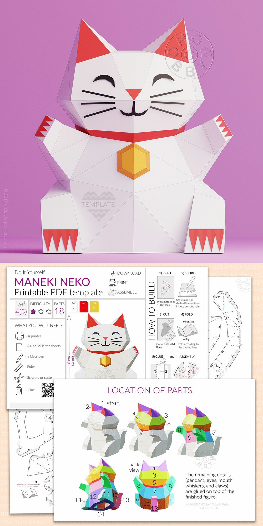 DIY Paper Maneki Neko, Lucky cat, 3D Papercraft (3446255)