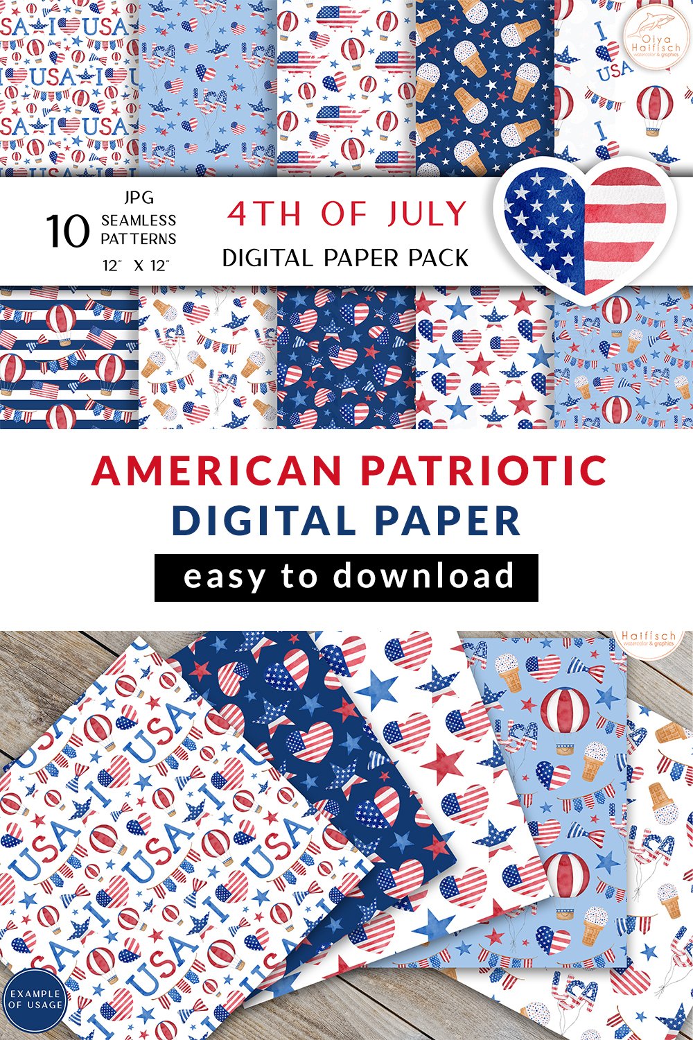 4th of July Digital Paper Pack. USA Flag Seamless Patterns