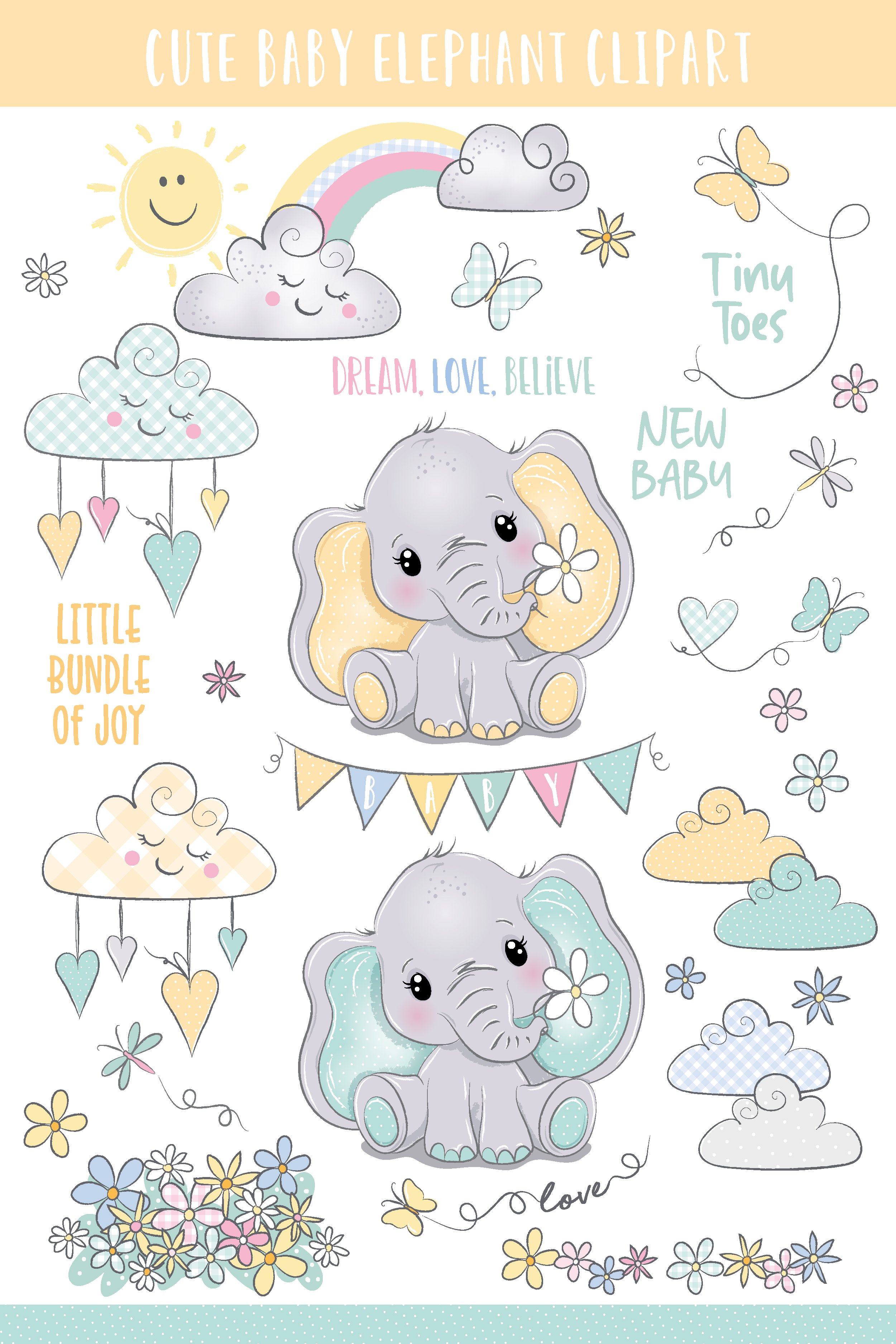 Baby Elephant holding flowers with butterfly CLIPART
