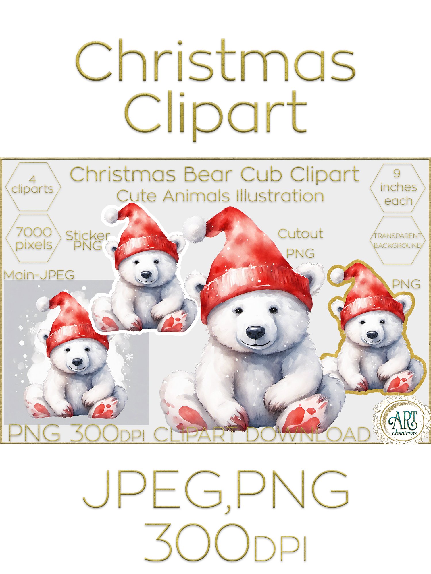 Christmas Bear Cub Clipart Winter Decor Printable Watercolor