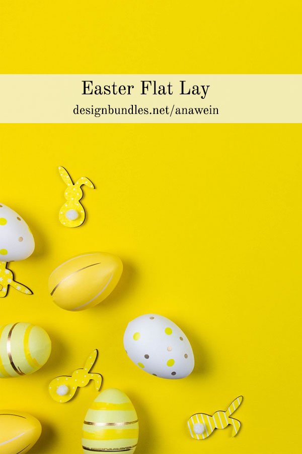Easter eggs and bunnys flat lay mockup yellow background.