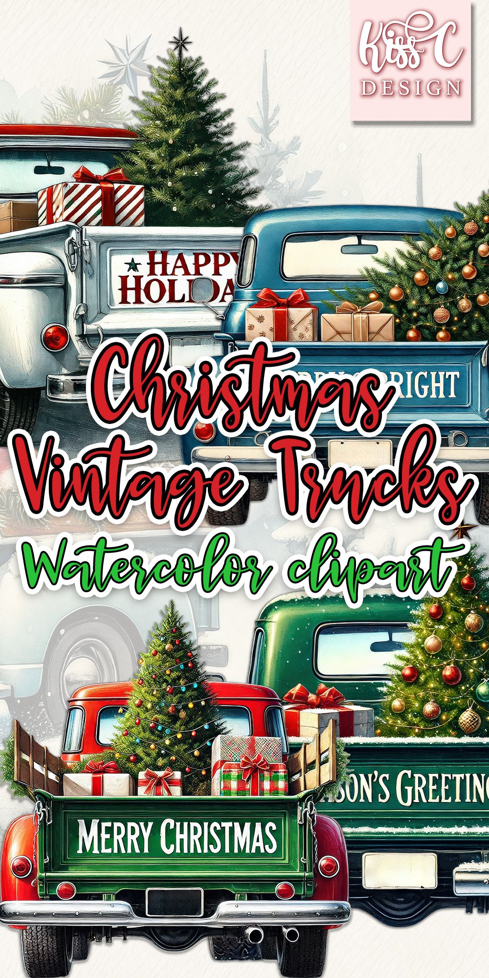 Christmas Vintage Trucks Watercolor Clipart Collection