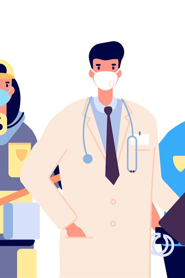 Essential workers and frontliners. Doctor policeman fireman