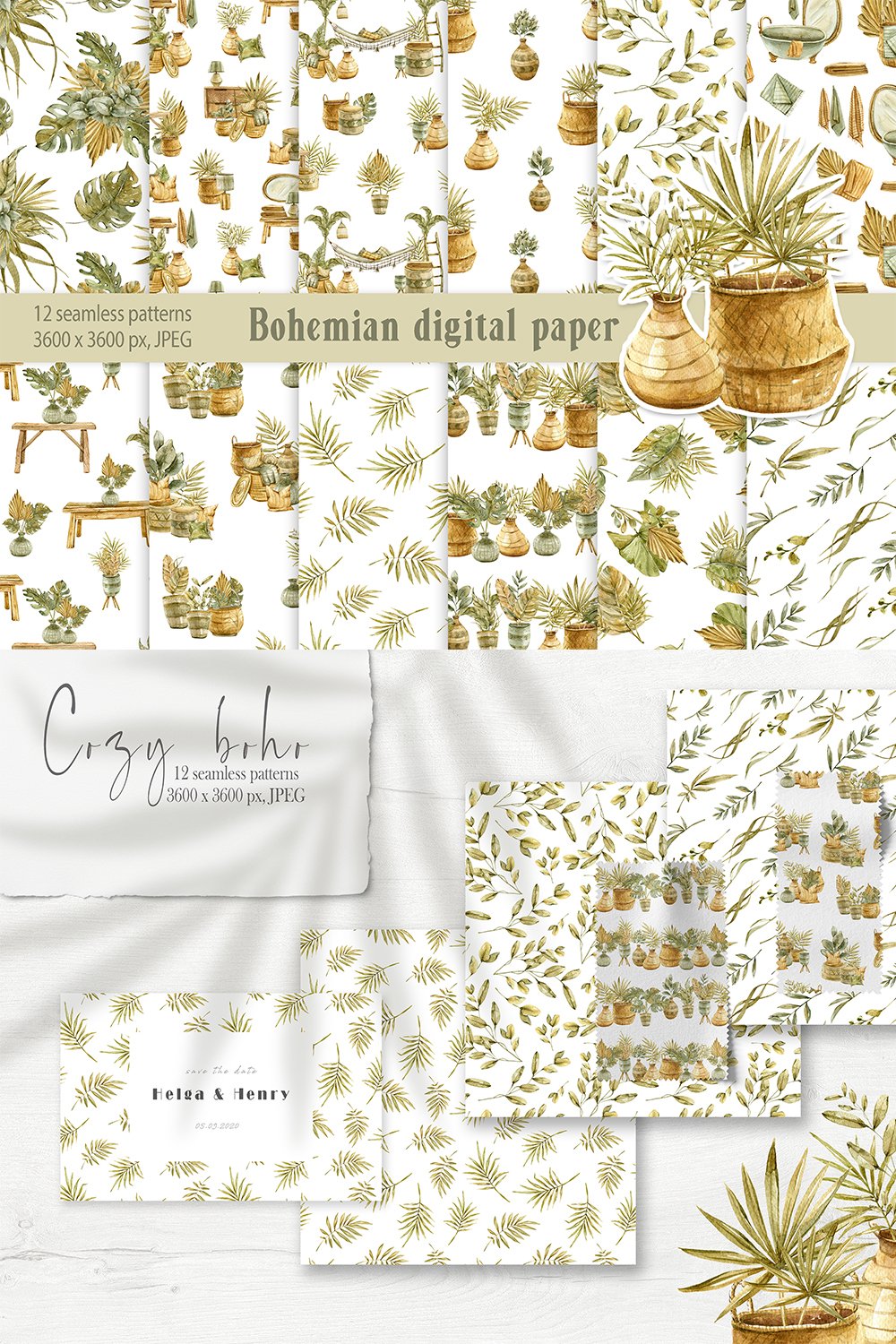 Watercolor boho floral digital paper / seamless patterns