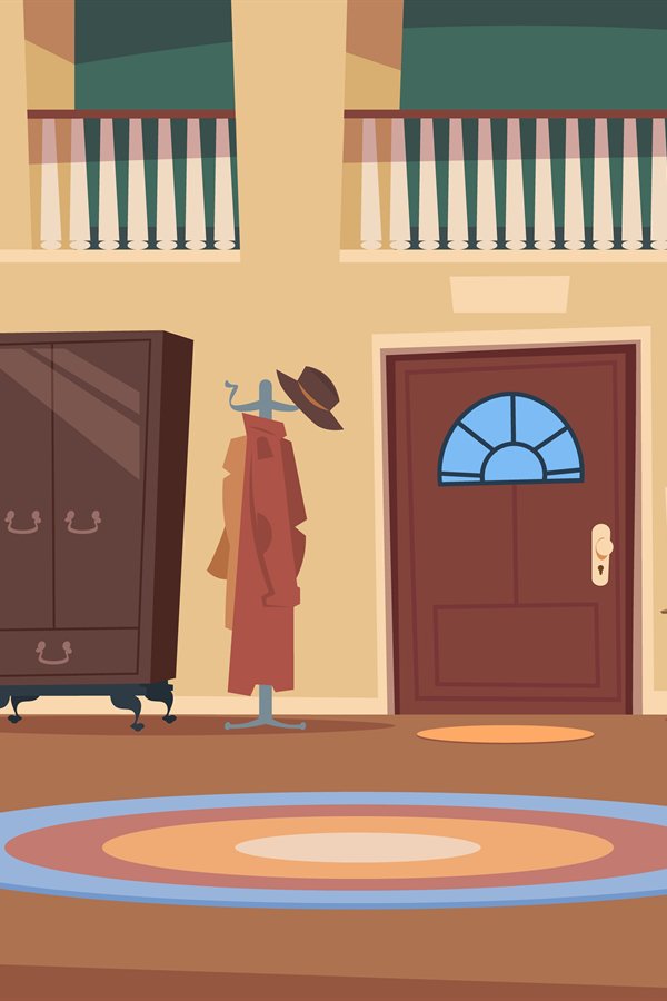 Retro hallway. Cartoon corridor interior with stairs and ent