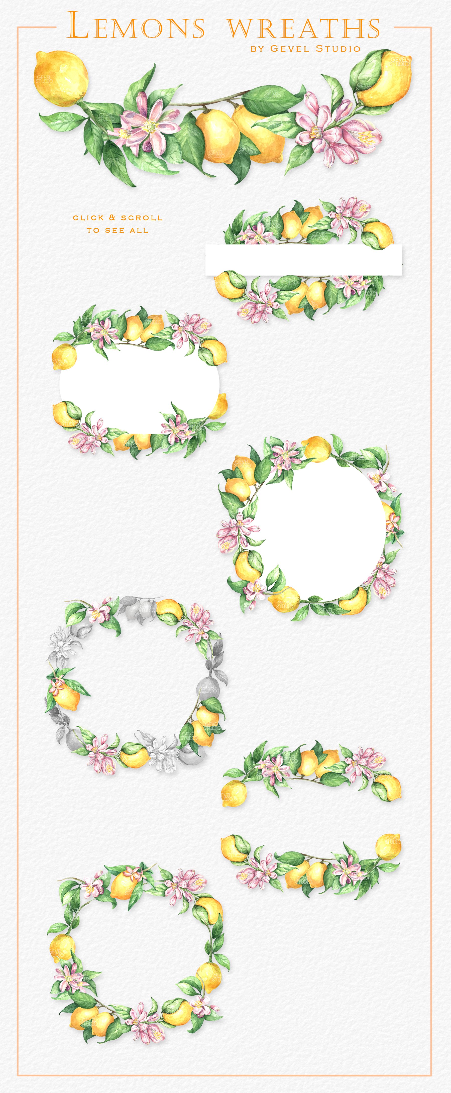 Lemon wreath clipart, Watercolor Pink floral frame, Citrus